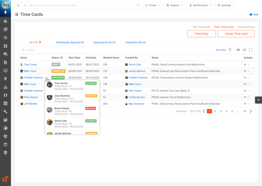 Tenna | Mechanic Time Cards